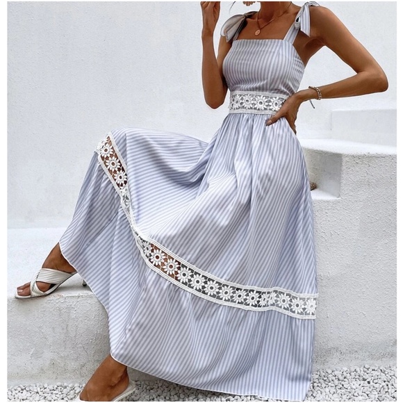 Dresses | Boho Stripes Floral Lace Inserts Tie Maxi Dress | Poshmark